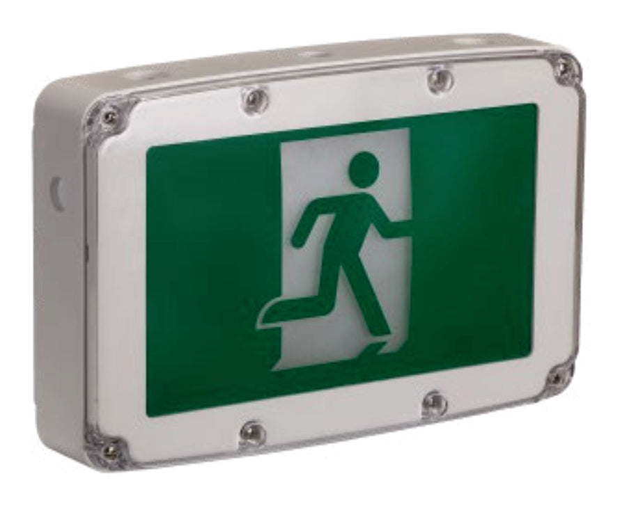 Kora LED Running Man Exit with Battery Back Up, 120/347V, Wet Location